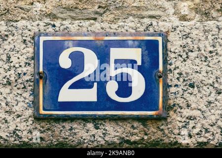 Classic French blue enamel house number 25 sign France Stock Photo - Alamy