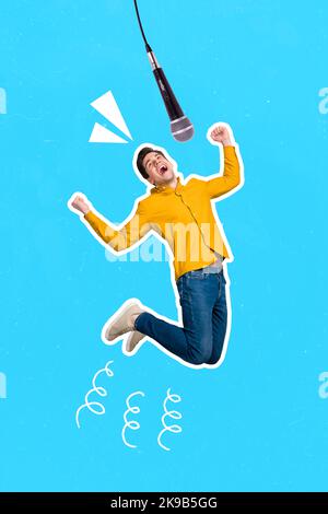 Collage photo of young excited positive lady raise hands up catching ...