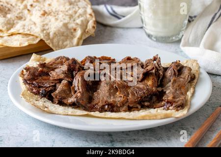 Meat doner with rice on gray background. Traditional flavors. Doner ...