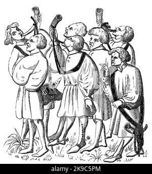 Europe. Hunting. Hunters using hunting horns. Engraving, 19th century ...