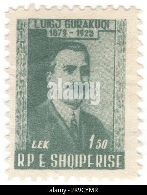 ALBANIA - 1958 April 15: An 5 lek blue postage stamp showing portrait ...
