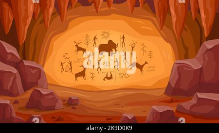 Cave rock painting. Caveman drawings petroglyph art, prehistoric tribe ...