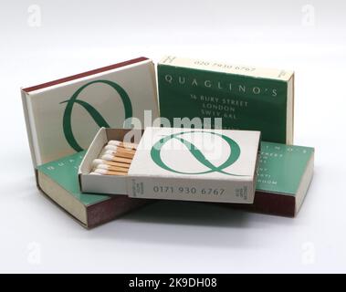 Open boxes of matches from Quaglino's restaurant The Ritz hotel The ...