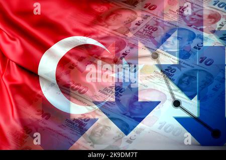 Economy Graph - Down Arrows, Turkey Flag and Turkish Lira Cash ...