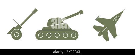 Heavy weapons. Tank, fighter, gun. Flat illustration isolated on white ...