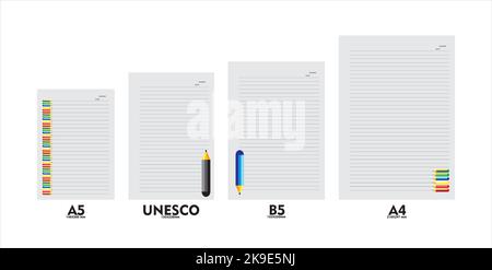 Design of note book refills in sizes A5, A4, B5 and unesco sizes. Ready ...