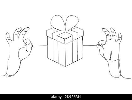 Hand holding gift box. Continuous line drawing, one hand drawn ...