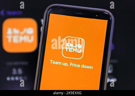 SHENZHEN, CHINA - OCTOBER 28, 2022 - A mobile phone displays the Temu ...