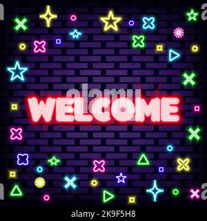 Welcome Neon quote. Bright signboard. Night bright advertising Stock ...