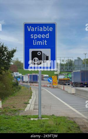 Sign informing of variable speed limit on the M1 motorway, England ...
