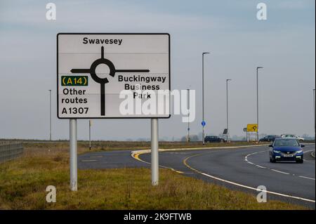Roundabout sign off the A14 trunk road, Cambridgeshire, England Stock ...