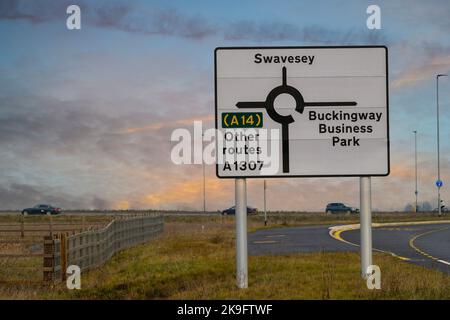Roundabout sign off the A14 trunk road, Cambridgeshire, England Stock ...