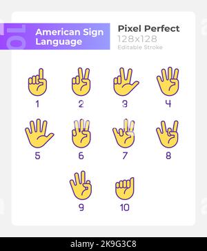 Digits in American sign language pixel perfect RGB color icons set ...