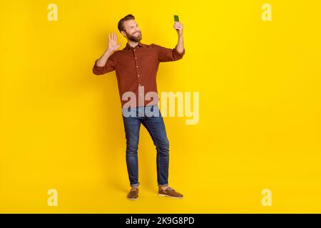 Full size photo of positive nice person hold use telephone isolated on ...