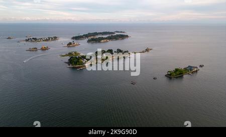 An aerial shot of the Thimble Islands in Branford, CT, USA Stock Photo ...
