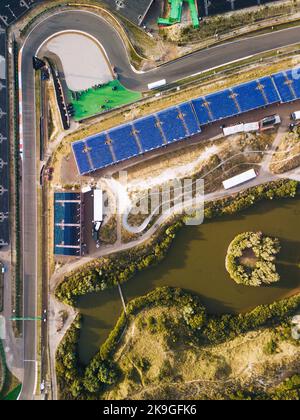A vertical aerial shot of Zandvoort Formula 1 Circuit in preparation ...