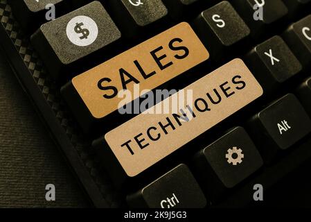 Text caption presenting Sales Techniques, Business overview looking for ...