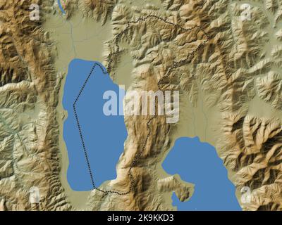 Ohrid, municipality of Macedonia. Colored elevation map with lakes and ...