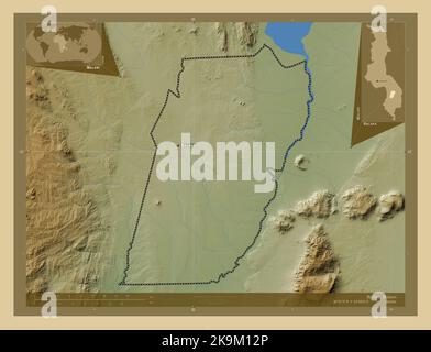 Balaka, district of Malawi. Colored elevation map with lakes and rivers ...