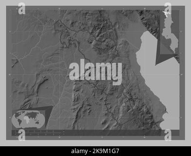 Chitipa, district of Malawi. Grayscale elevation map with lakes and ...