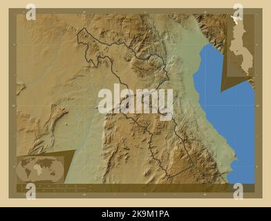 Chitipa, district of Malawi. Colored elevation map with lakes and ...