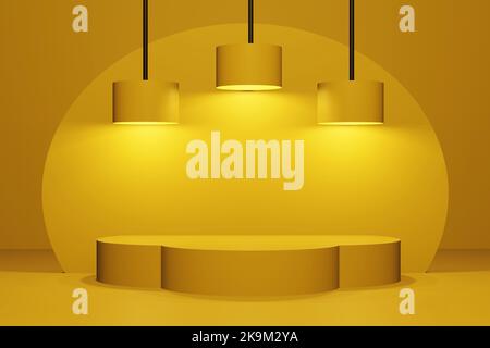 yellow stage podium for advertising and and 3 lamps in room, empty ...