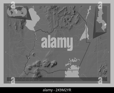 Machinga, district of Malawi. Grayscale elevation map with lakes and ...