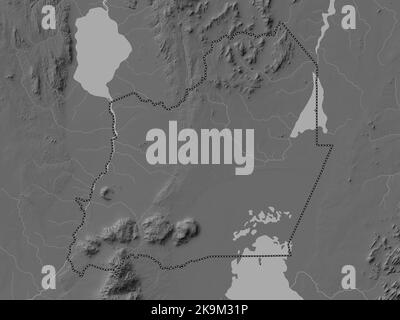 Machinga, district of Malawi. Grayscale elevation map with lakes and ...