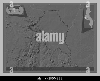 Mchinji, district of Malawi. Grayscale elevation map with lakes and ...