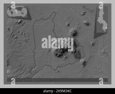 Mulanje, district of Malawi. Grayscale elevation map with lakes and ...