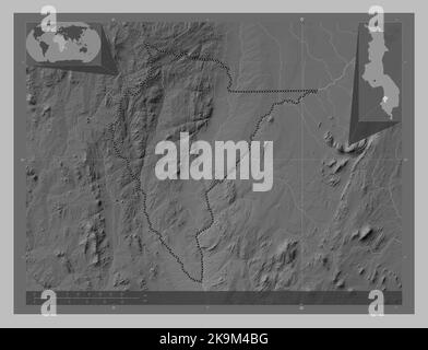 Neno, district of Malawi. Grayscale elevation map with lakes and rivers ...