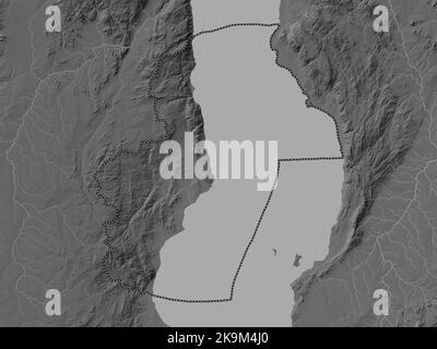 Nkhata Bay, district of Malawi. Grayscale elevation map with lakes and ...