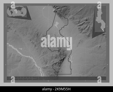Nsanje, district of Malawi. Grayscale elevation map with lakes and ...