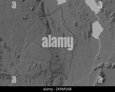 Ntcheu, district of Malawi. Grayscale elevation map with lakes and ...