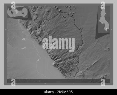 Thyolo, district of Malawi. Grayscale elevation map with lakes and ...