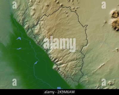 Thyolo, district of Malawi. Colored elevation map with lakes and rivers ...