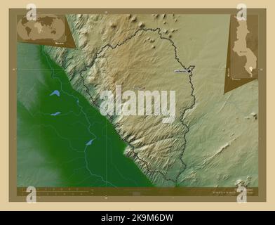 Thyolo, district of Malawi. Colored elevation map with lakes and rivers ...