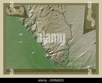 Thyolo, district of Malawi. Colored elevation map with lakes and rivers ...