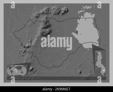 Zomba, district of Malawi. Grayscale elevation map with lakes and ...