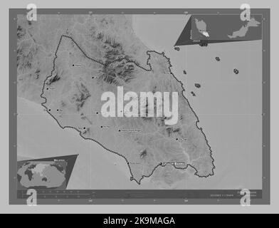 Johor, state of Malaysia. Grayscale elevation map with lakes and rivers ...