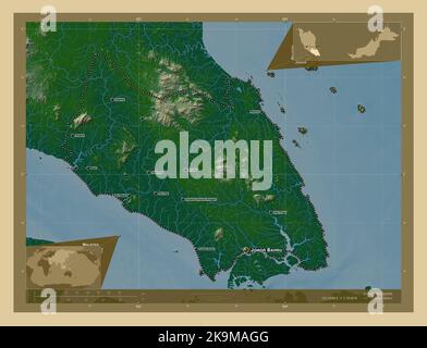 Johor, state of Malaysia. Colored elevation map with lakes and rivers ...