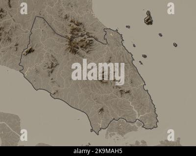 Johor, state of Malaysia. Colored elevation map with lakes and rivers ...