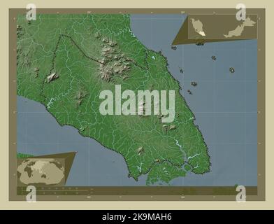 Johor, state of Malaysia. Colored elevation map with lakes and rivers ...