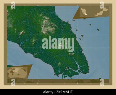 Johor, state of Malaysia. Colored elevation map with lakes and rivers ...