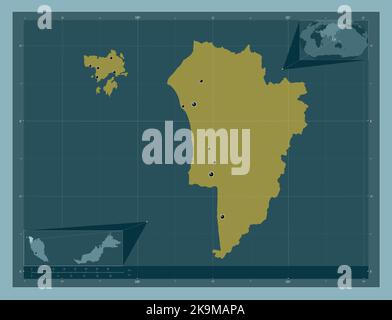 Kedah, state of Malaysia. Solid color shape. Locations and names of ...