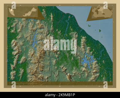 Kelantan, state of Malaysia. Colored elevation map with lakes and ...