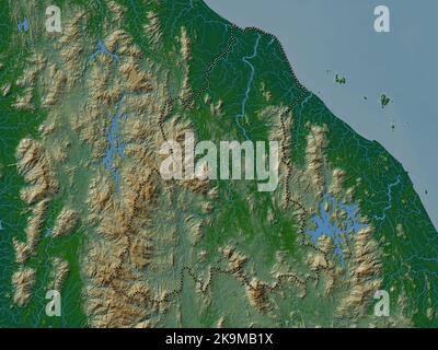 Kelantan, state of Malaysia. Colored elevation map with lakes and rivers. Locations of major ...