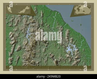 Kelantan, state of Malaysia. Colored elevation map with lakes and ...