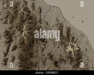 Kelantan, state of Malaysia. Colored elevation map with lakes and ...