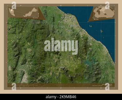 Kelantan, state of Malaysia. Low resolution satellite map. Locations of ...